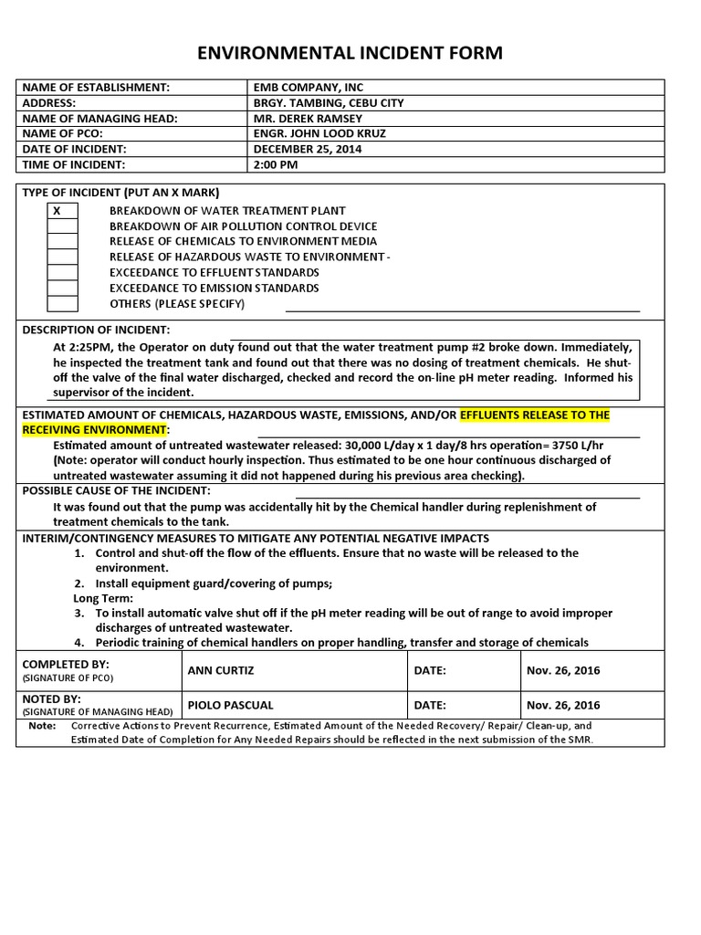 Sample Environmental Incident Report | PDF | Effluent | Water Treatment