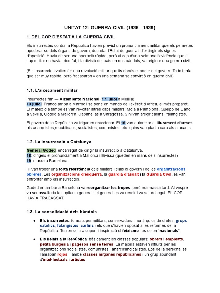 UNITAT 12: GUERRA CIVIL (1936 - 1939) : 1. Del Cop D'Estat A La Guerra Civil | PDF