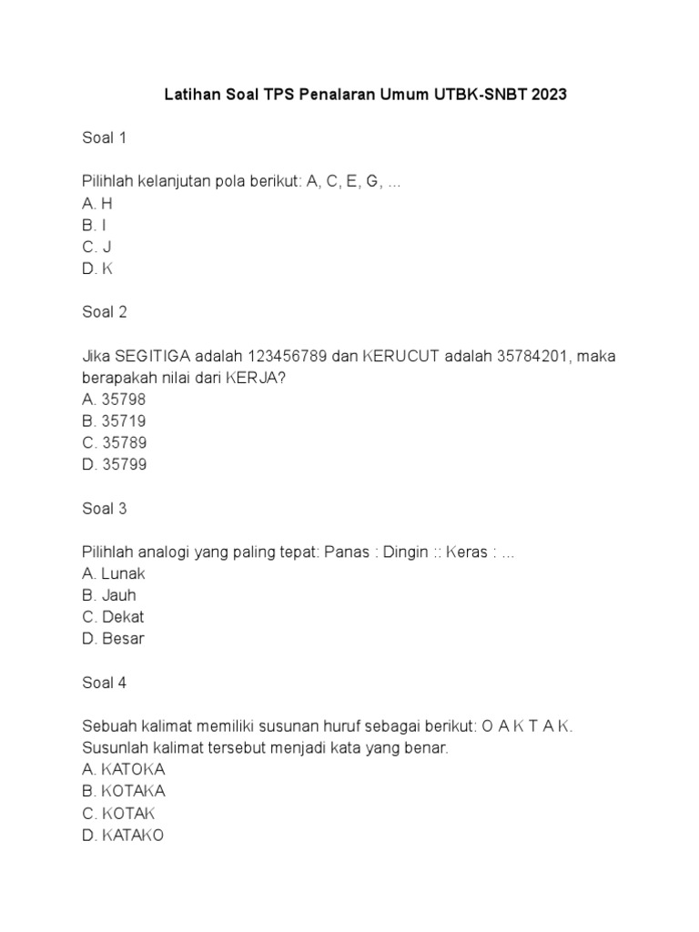 Latihan Soal TPS Penalaran Umum UTBK-SNBT 2023 | PDF