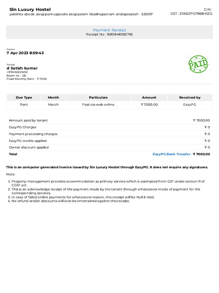 SLN Luxury Hostel: Payment Receipt | PDF