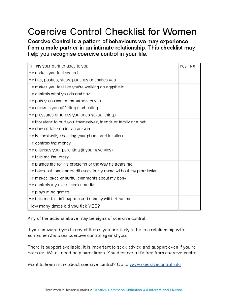 Coercive Control Checklist For Women | PDF