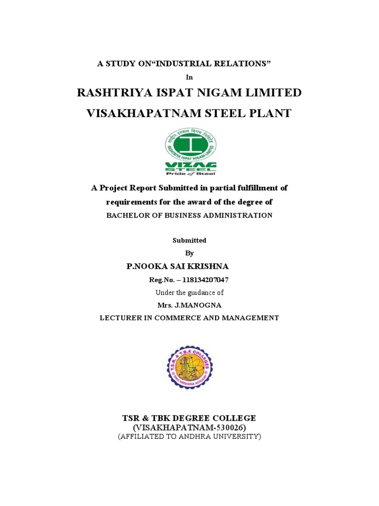 Rashtriya Ispat Nigam Limited Visakhapatnam Steel Plant: A Study On ...