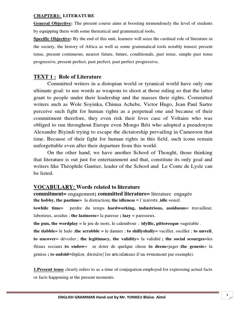 TEXT 1: Role of Literature: ENGLISH GRAMMAR Hand-Out by Mr. YONKEU Blaise-Aimé | PDF ...