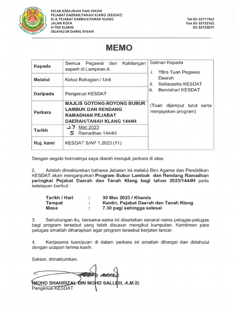 Memo Majlis Gotong Royong Bubur Lambuk Dan Rendang Pdf 