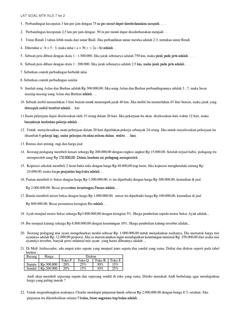 Lat Soal MTK Kls 7 Ke 2 | PDF | Griya & Taman