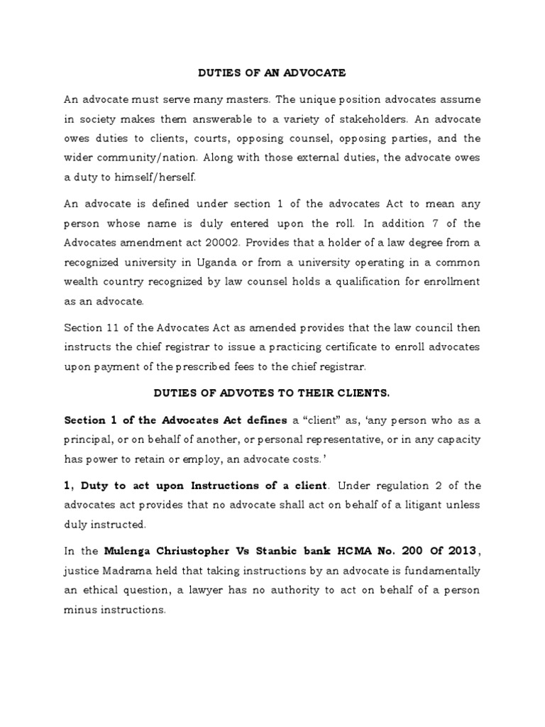 Duties of An Advocate To Client. Asaph Elly and Allan K Micheal | PDF ...