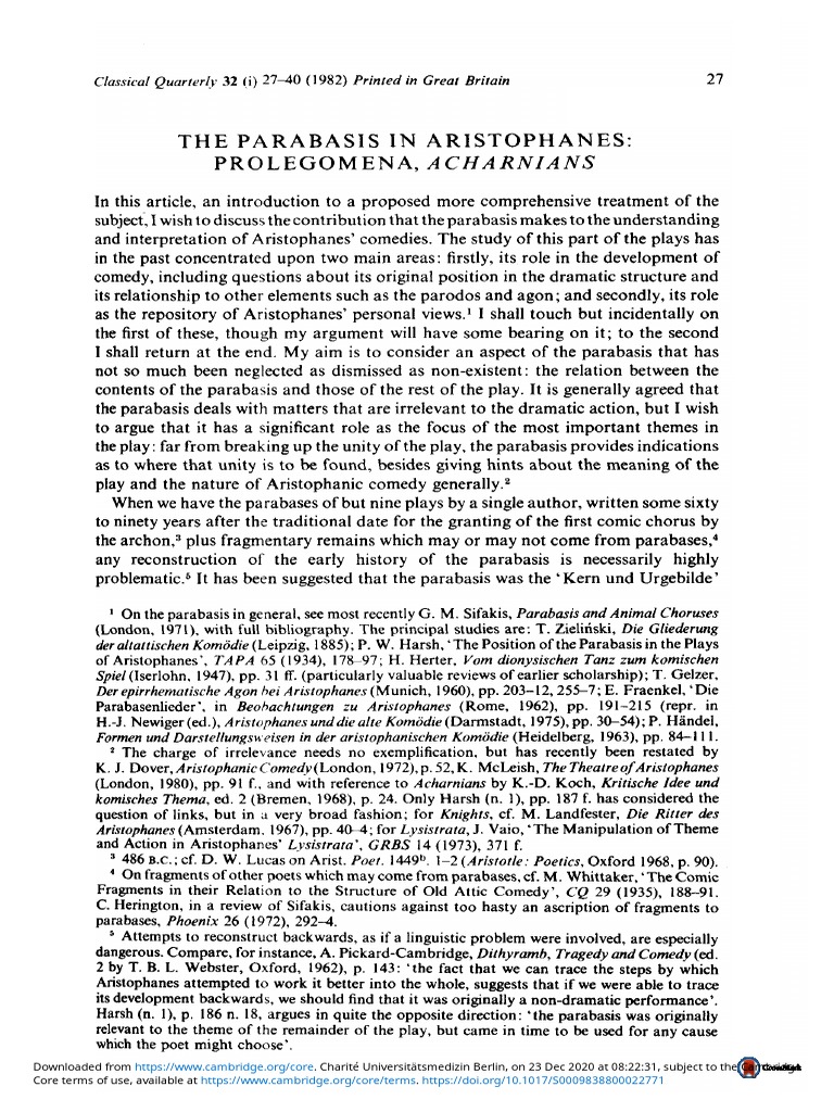 The Parabasis in Aristophanes Prolegomena Acharnians | PDF | Aristophanes