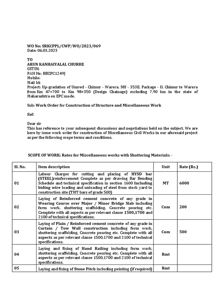 Arun Chure Structure Work Order Format | PDF | Concrete | Invoice