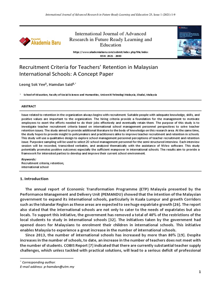 Leong Sok Yee2021 - Recruitment Criteria For Teachers' Retention in ...