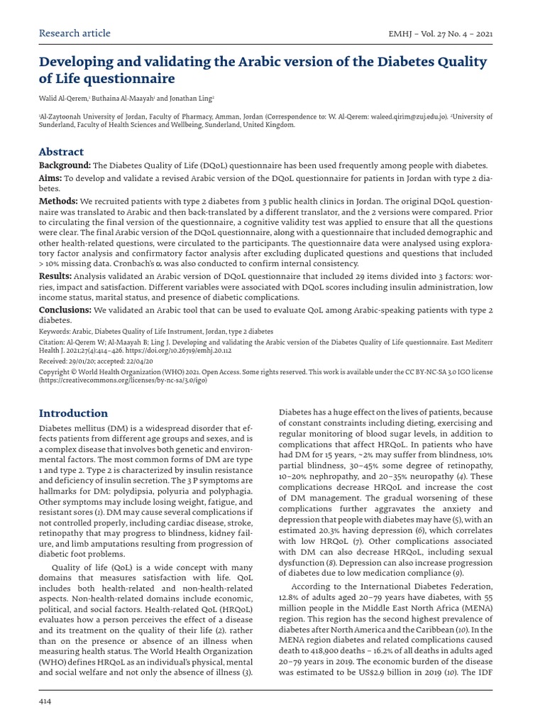 Developing and Validating The Arabic Version of The Diabetes Quality of ...