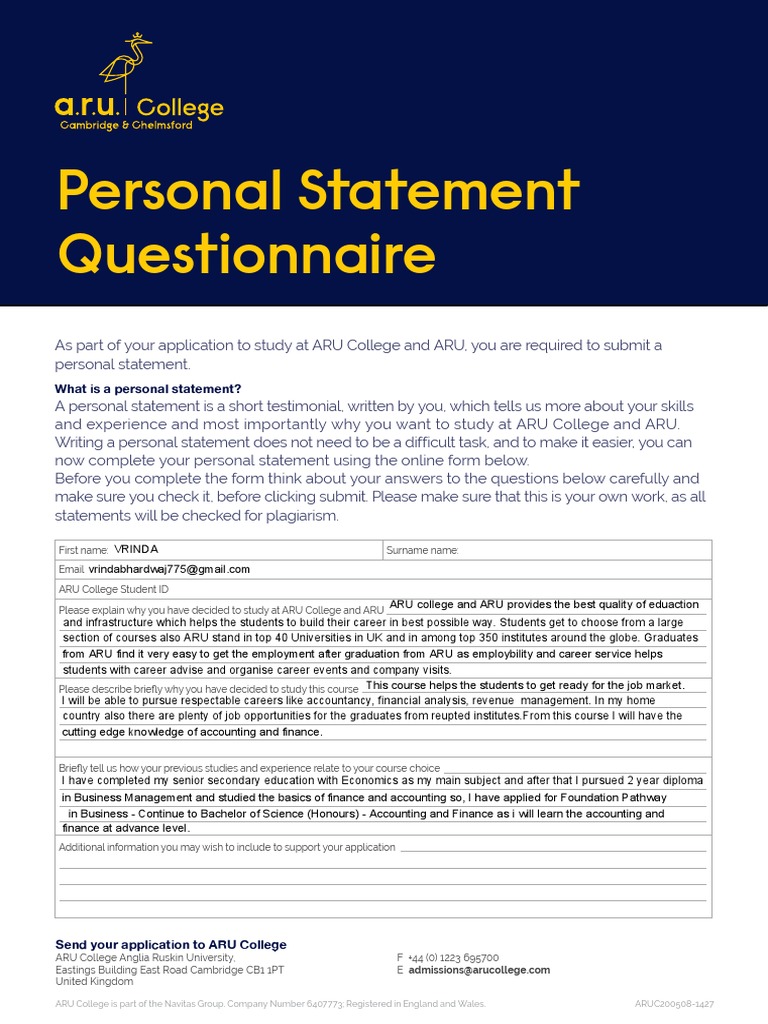 Aru College Personal Statement Questionnaire May 2020 | PDF | Accounting