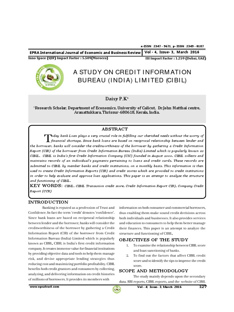 A Study On Credit Information Bureau (India) Limited (Cibil) | PDF ...