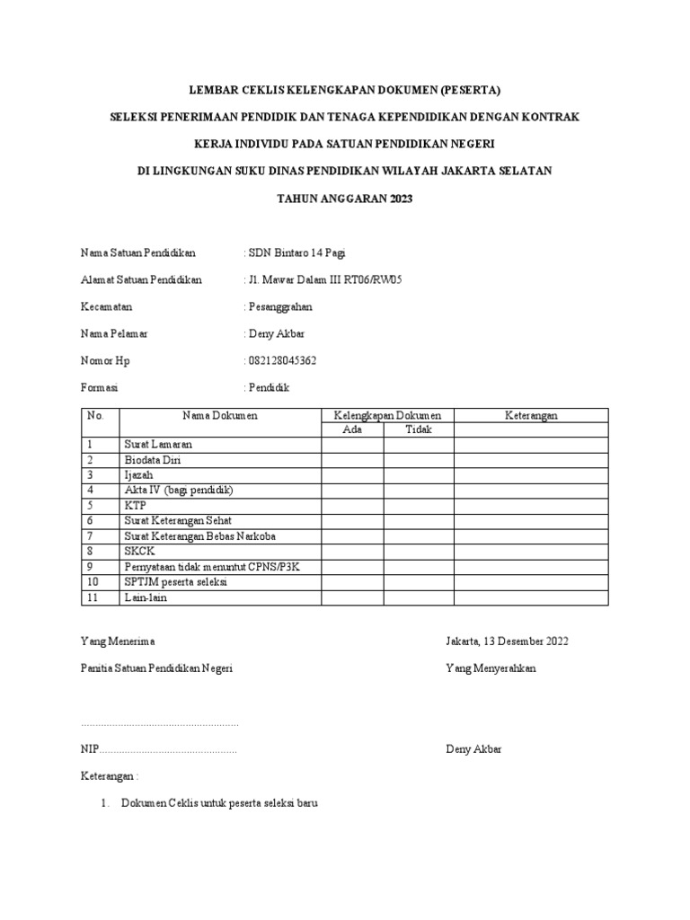 Lembar Ceklis Kelengkapan Dokumen | PDF
