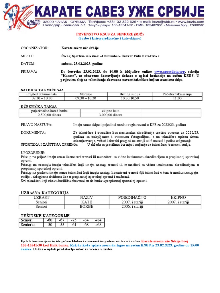 Satnica Prvenstvo KSUS Seniori 2023 | PDF