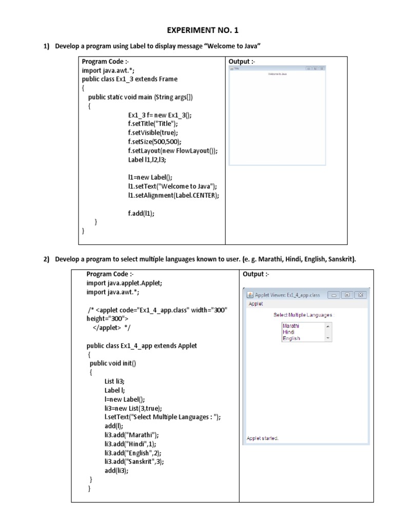Experiment No. 1: 1) Develop A Program Using Label To Display Message "Welcome To Java" Program ...
