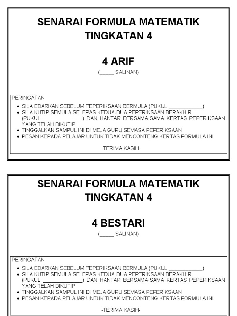 Senarai Formula Matematik Tingkatan 4 | PDF
