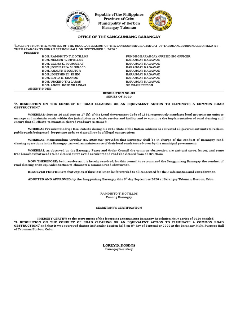 Barangay Tabunan Road Clearing Resolution | PDF | Justice | Crime ...