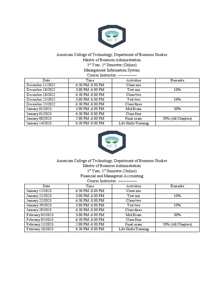 MBA 1st Year 1st Semester Schedule | PDF