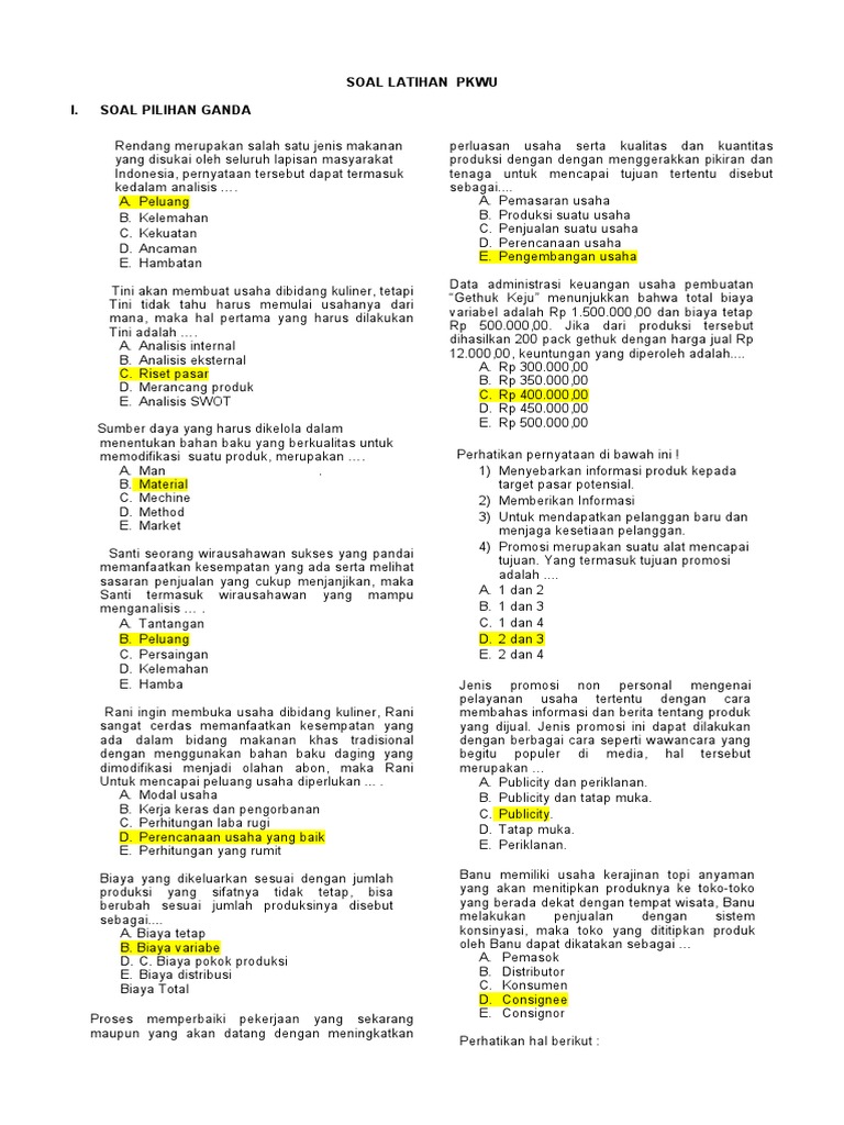 SOAL PKWU LATIHAN Kls 12 Salinan-1 | PDF