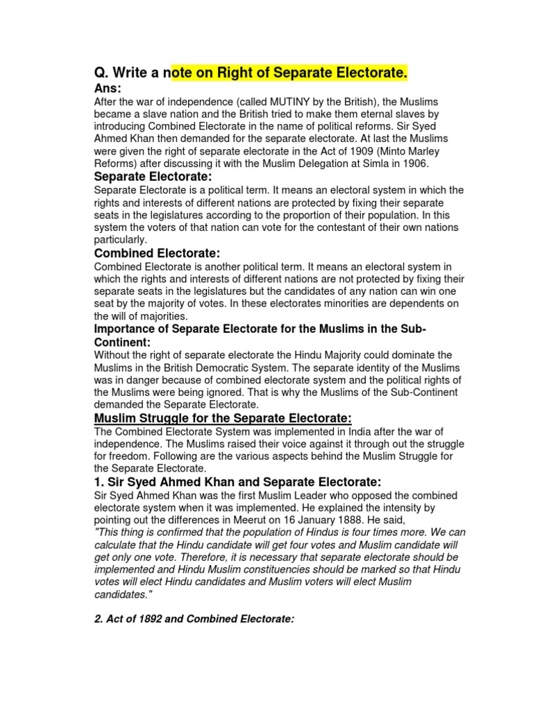 Right of Separate Electorate: Muslim Struggle in British India | PDF ...