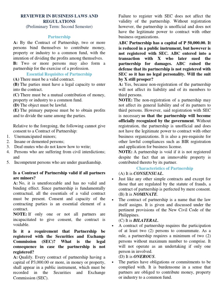 Reviewer in Business Laws and Regulations | PDF | Partnership | Law Of Agency