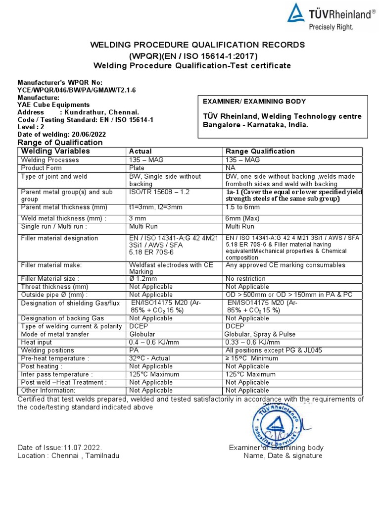 Welding Procedure Qualification Records (WPQR) (EN / ISO 15614-1:2017 ...