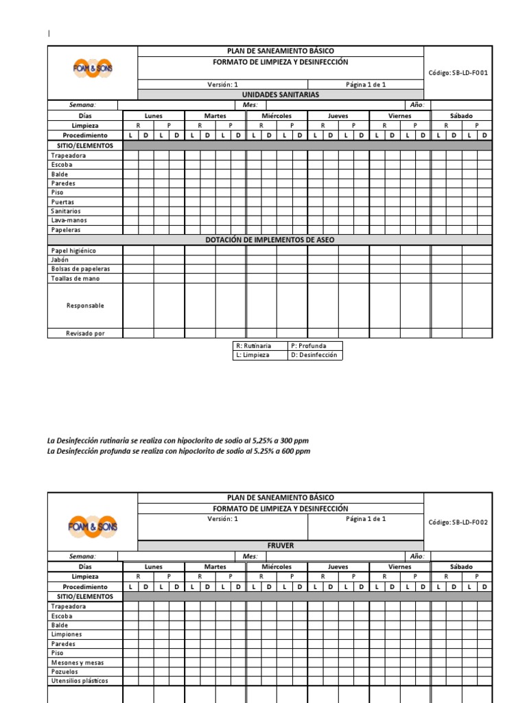 Formatos de Limpieza y Desinfección | PDF | Compuestos químicos | Higiene
