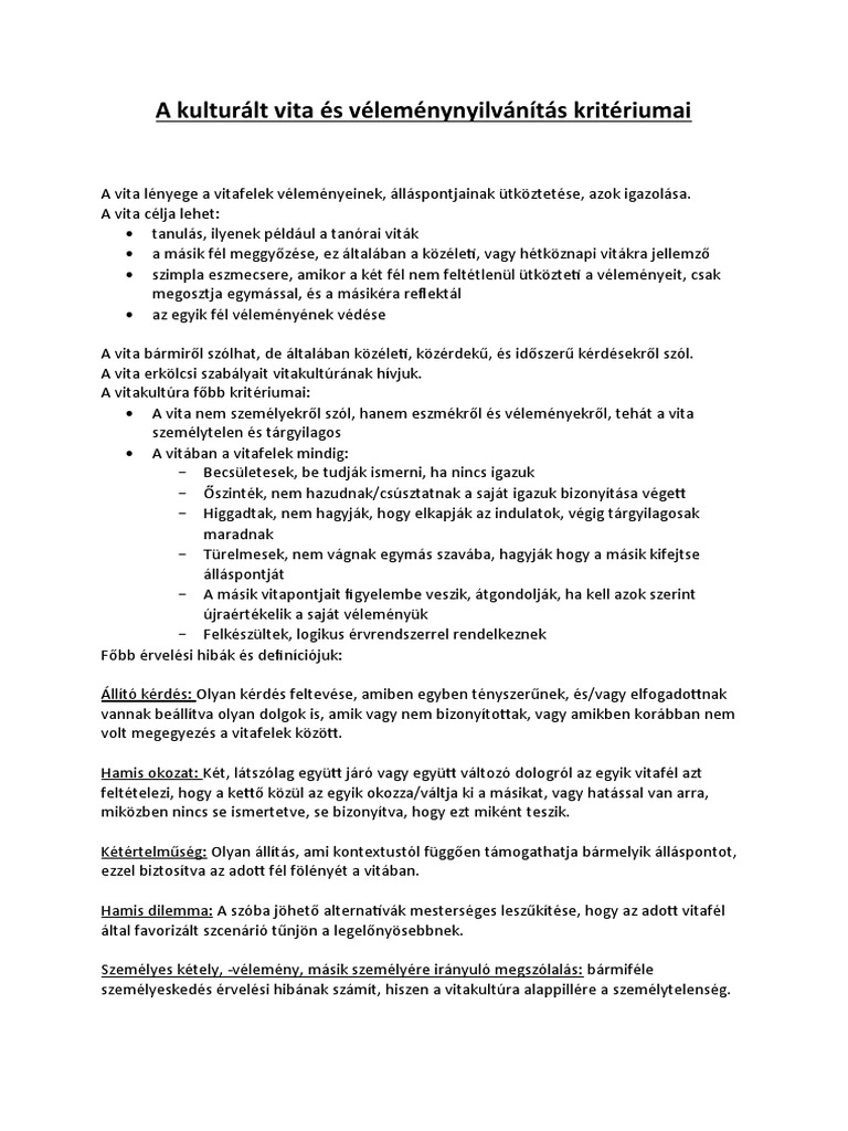 A kulturált vita és véleménynyilvánítás kritériumai | PDF