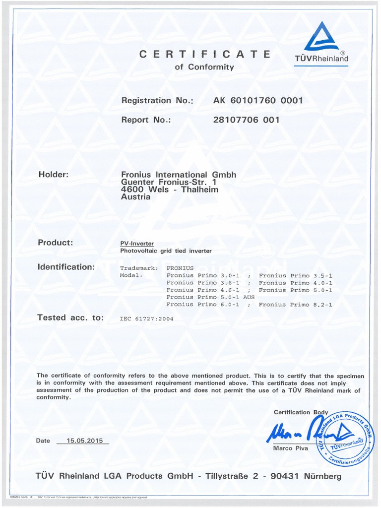 SE_CER_Conformity_IEC_61727_Fronius_Primo_3.0-1_-_8.2-1_EN | PDF