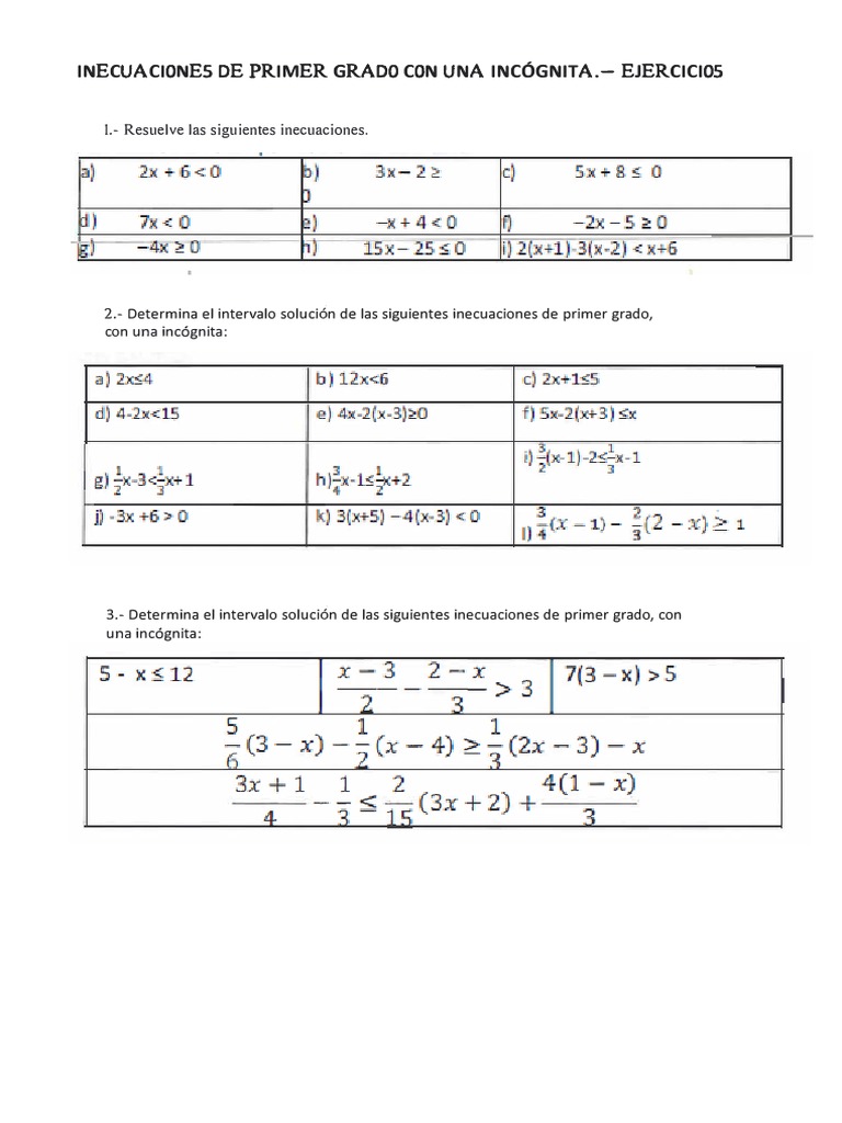 Inecuaciones Primer Grado. Ejercicios | PDF