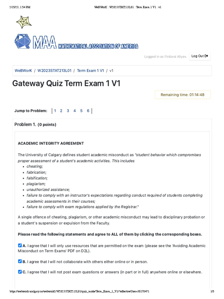 WeBWorK - W2023STAT213L01 - Term Exam 1 V1 - v1 | PDF | Academic Dishonesty