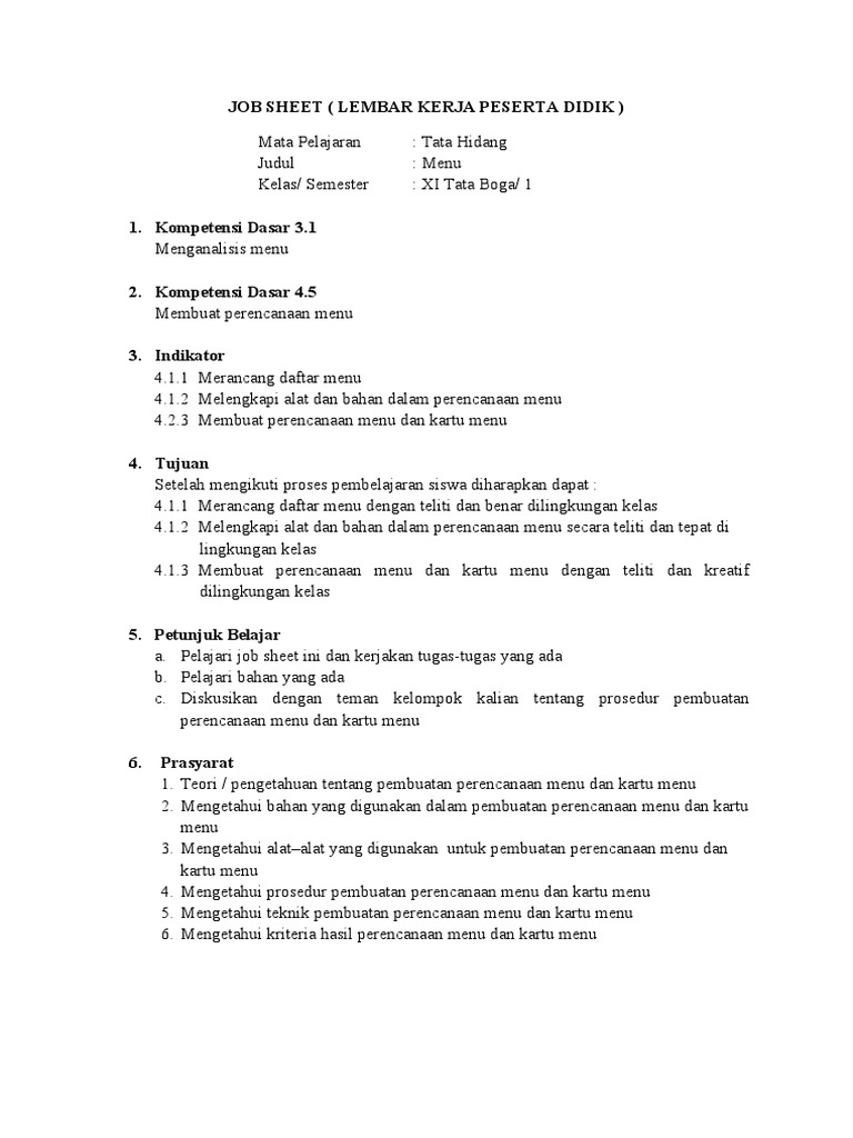 JOBSHEET (KD 3.1 Tata Hidang Endri Yanie) | PDF