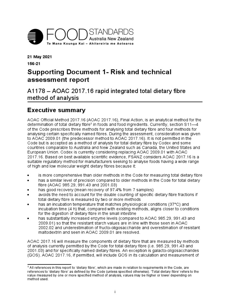 Supporting Document 1-Risk and Technical Assessment Report | PDF | Dietary Fiber | Diet & Nutrition