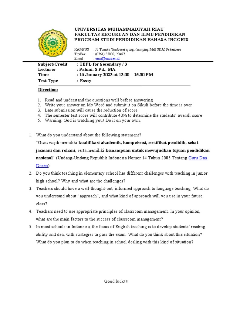 Uas - Tefl For Secondary | PDF