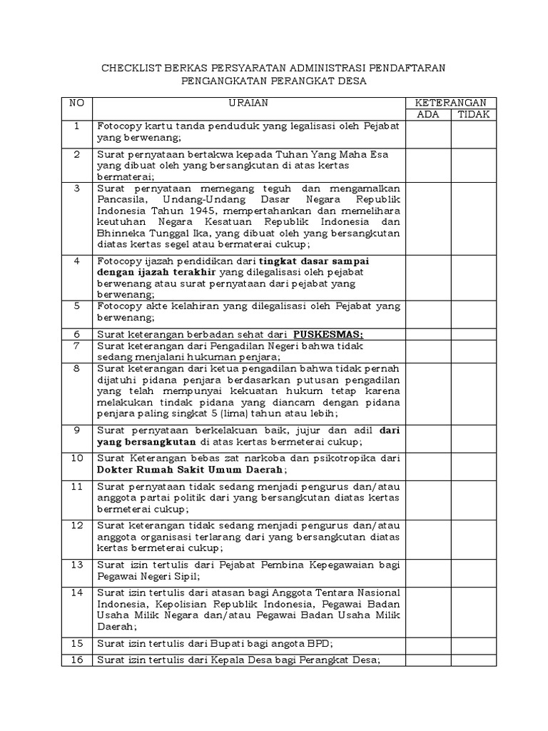 Checklist Persyaratan Pengisian Perangkat Desa | PDF