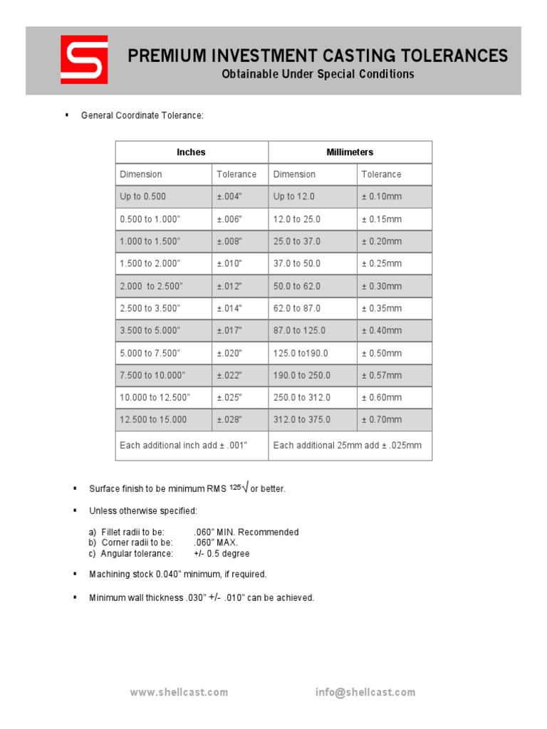 Investment Casting Tolerances | PDF