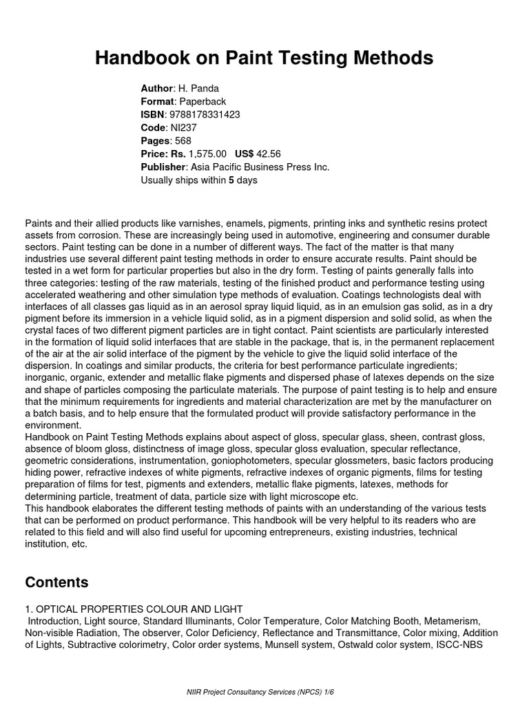 Niir Handbook On Paint Testing Methods | PDF | Paint | Color