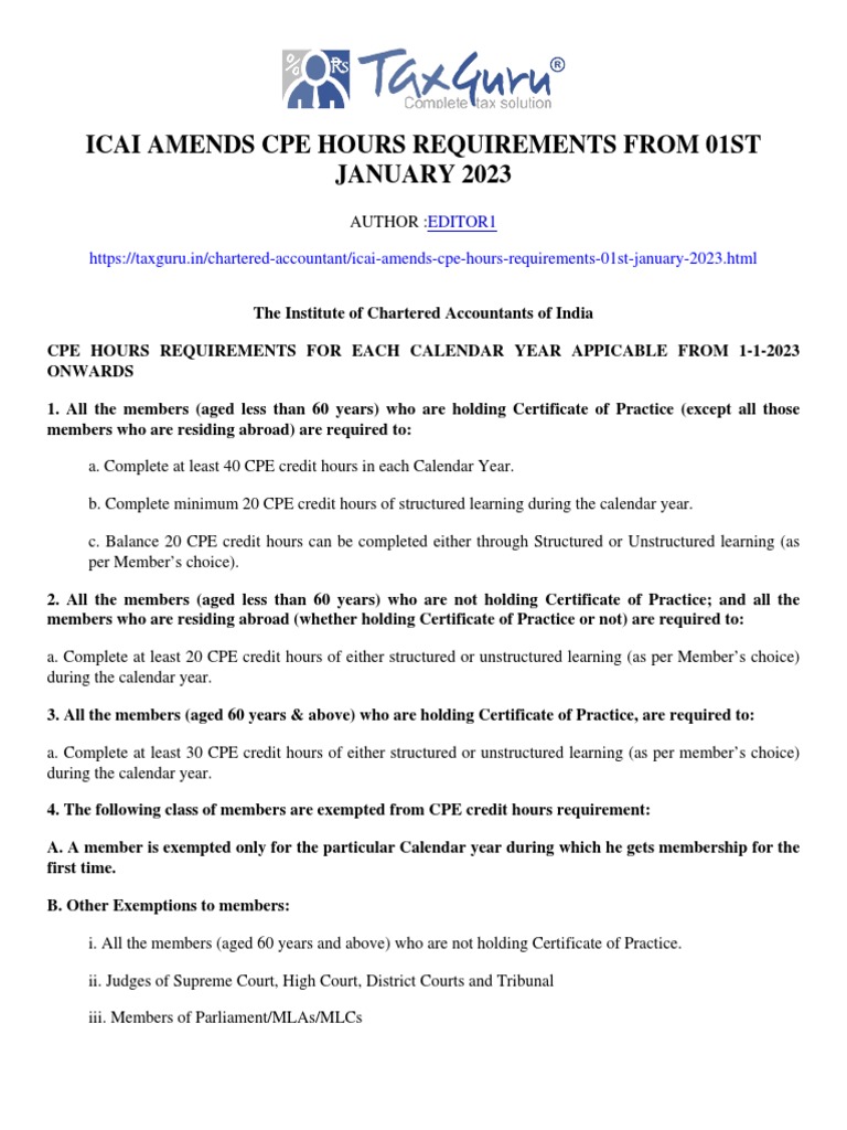 ICAI Amends CPE Hours Requirements From 01st January 2023 | PDF ...