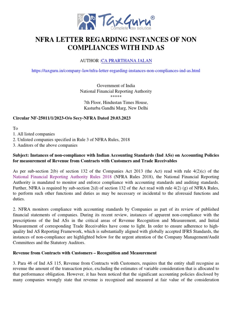 NFRA Letter Regarding Instances of Non-Compliances With Ind As | PDF ...