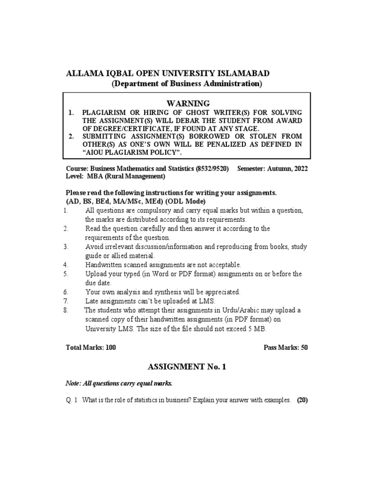 AIOU BUSINESS MATHEMATICS ASSIGNMENT OUTLINES AND INSTRUCTIONS | PDF