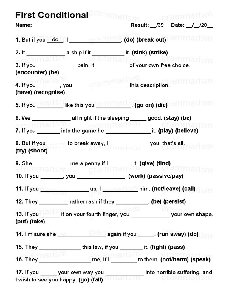 First Conditional: Name: Result: Date | PDF
