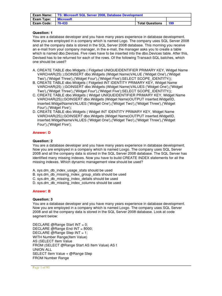 70 433 | PDF | Database Index | Microsoft Sql Server