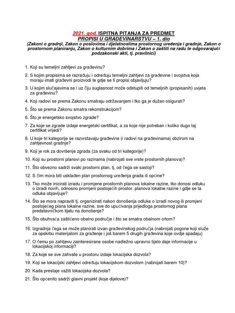 Pitanja Propisigradjevinarstvo 2021 1 | PDF
