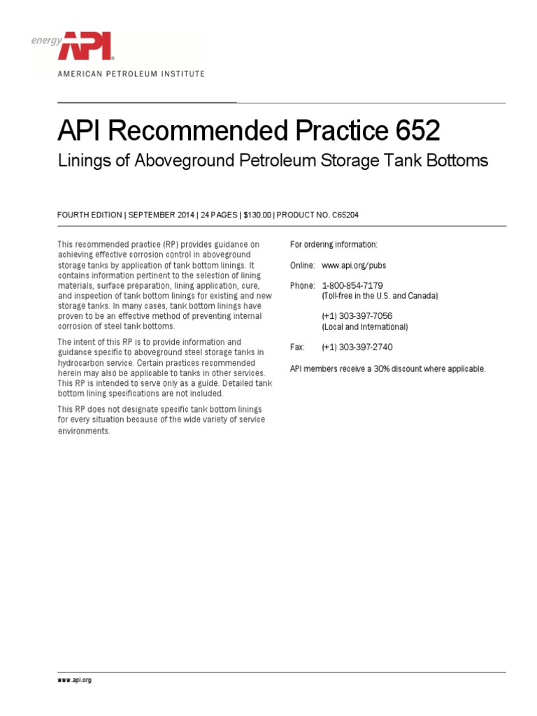 API Recommended Practice 652: Linings of Aboveground Petroleum Storage ...
