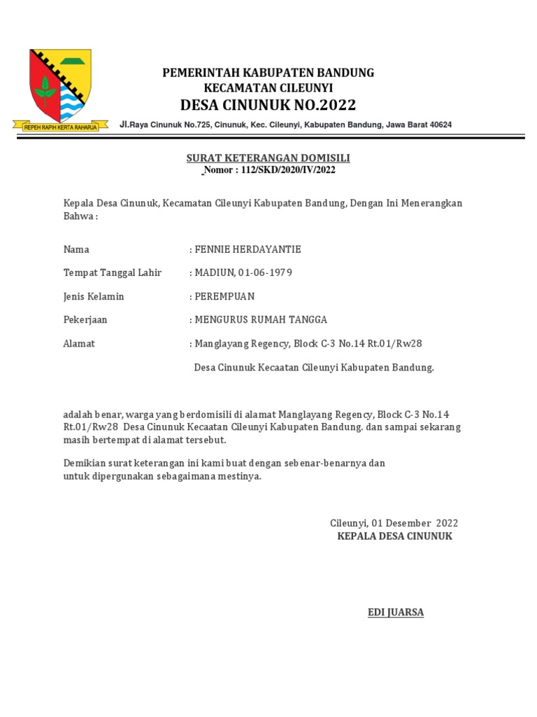 Surat Keterangan Domisili Cinunuk | PDF
