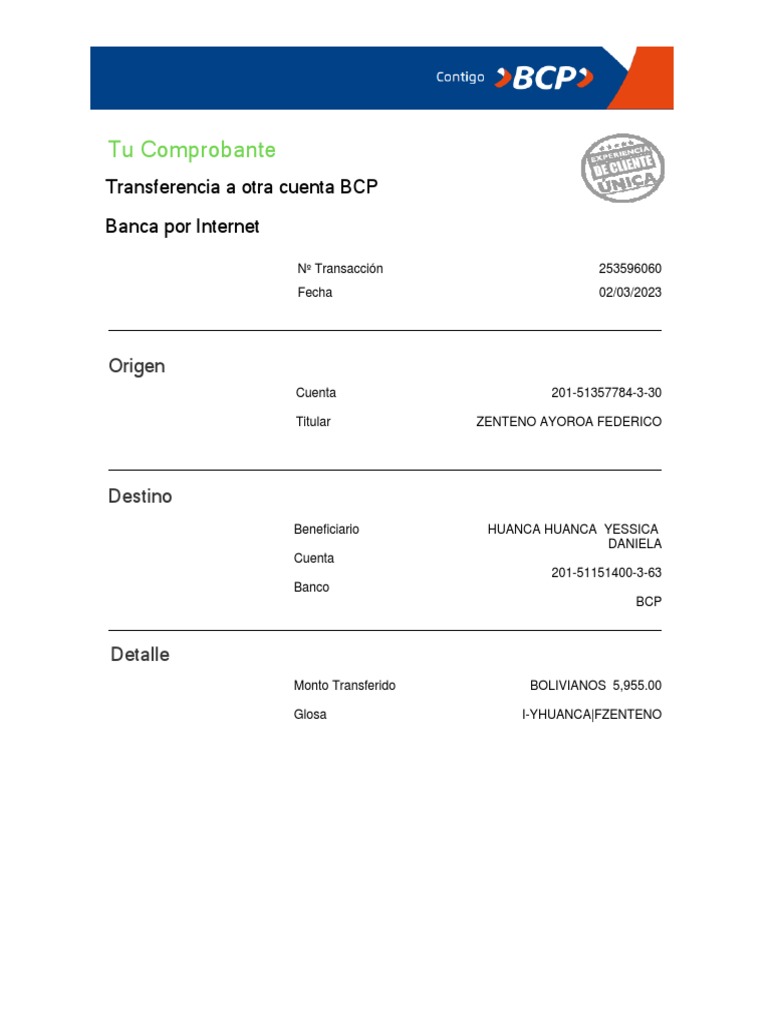 Tu Comprobante: Transferencia A Otra Cuenta BCP Banca Por Internet | PDF