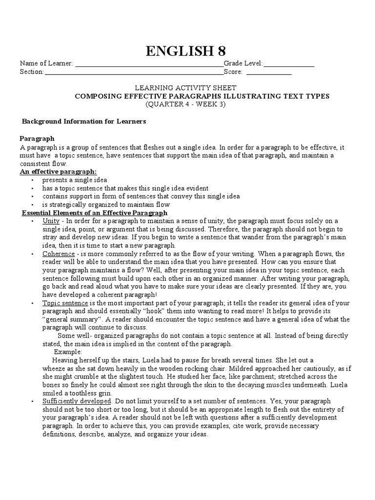 English 8: Composing Effective Paragraphs Illustrating Text Types ...