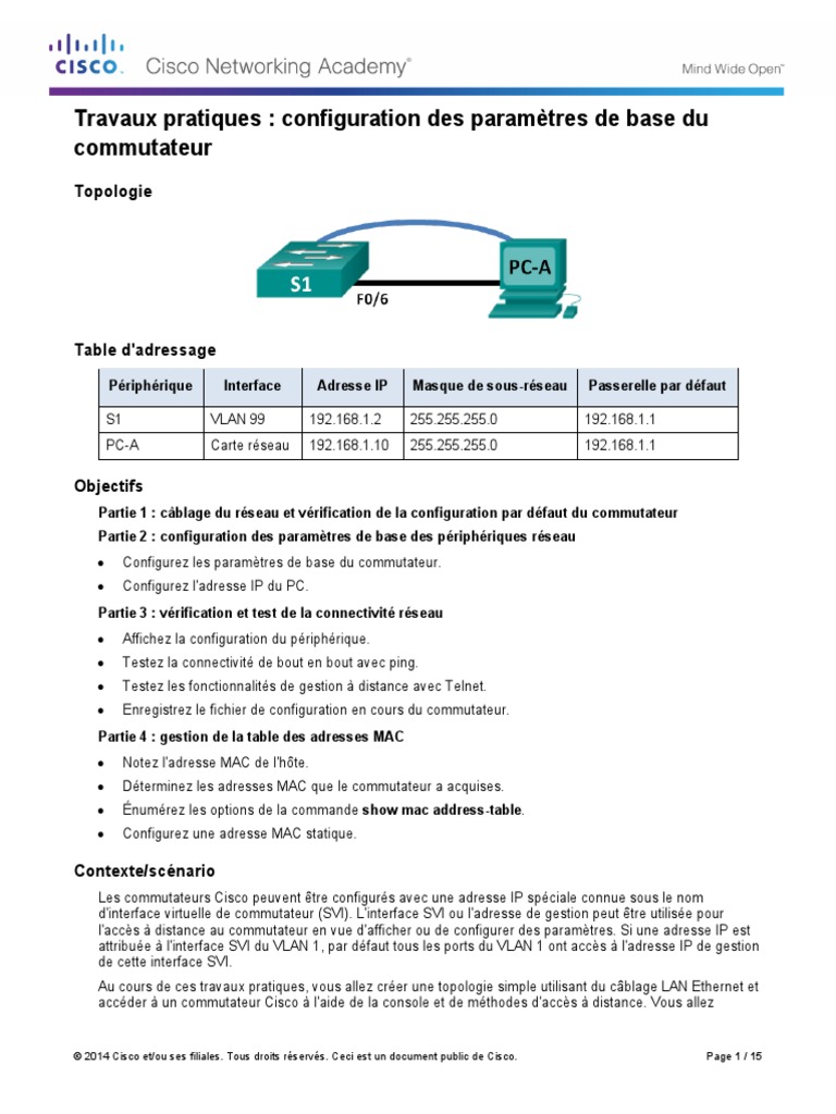 Travaux Pratiques: Configuration Des Paramètres de Base Du Commutateur ...