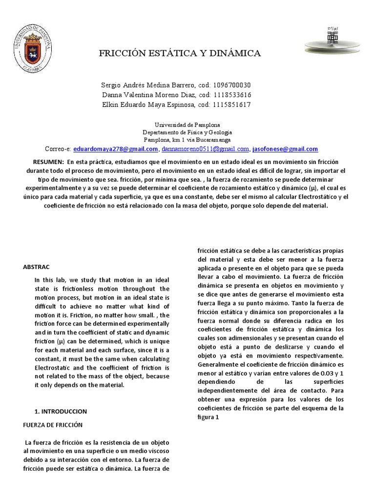 Informe Fricción Dinámica y Estatica | PDF | Fricción | Fuerza