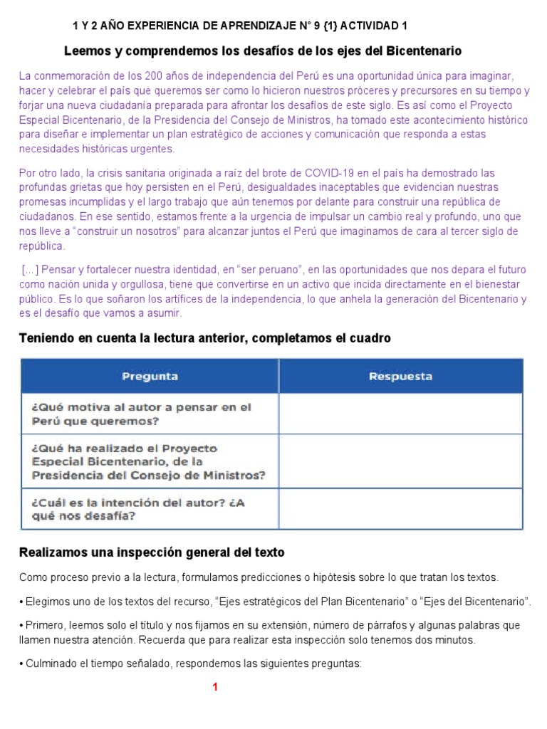 1 y 2 Año Experiencia de Aprendizaje #9 (1) Actividad 1 | PDF | Perú | Infraestructura